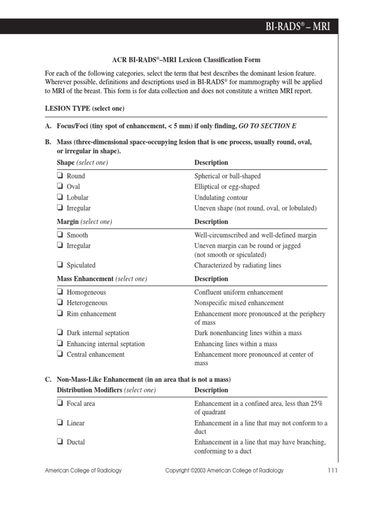 ACR MRI BIRADS | Breast | Radiology