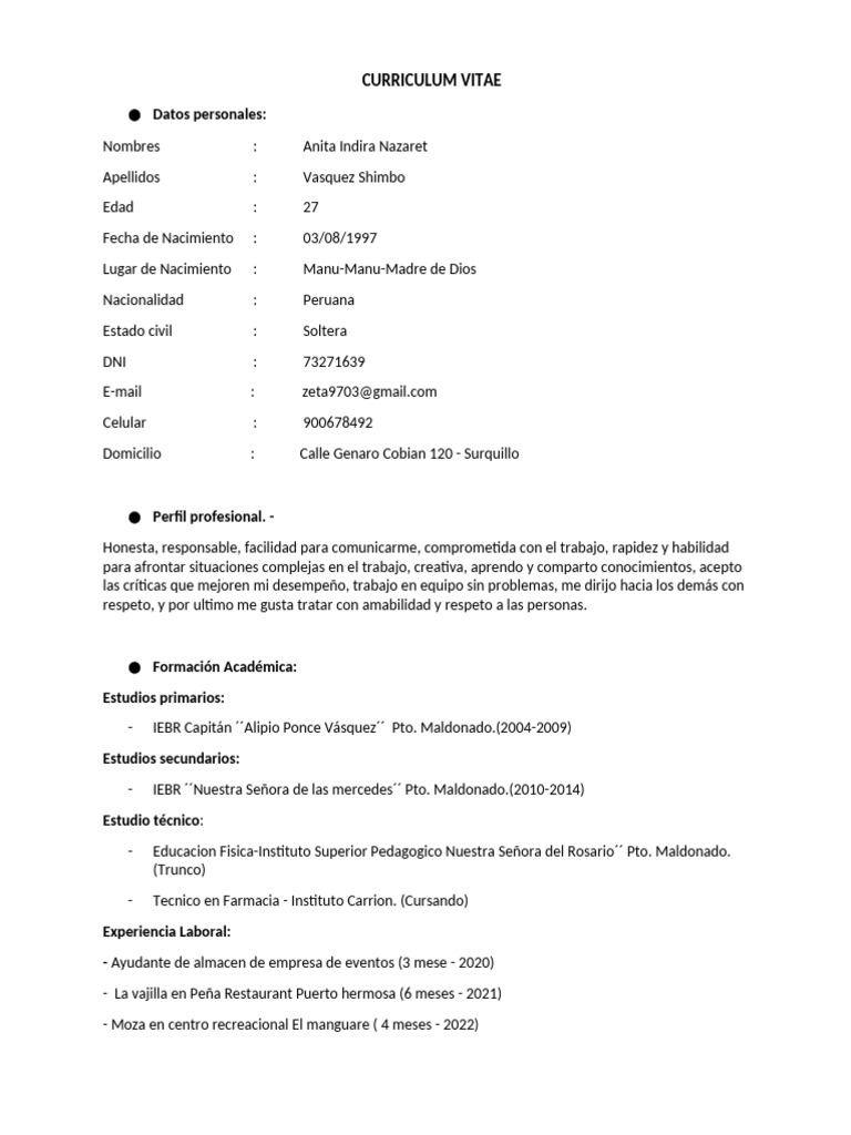 Currículum Vitae de Anita Vasquez Shimbo | PDF