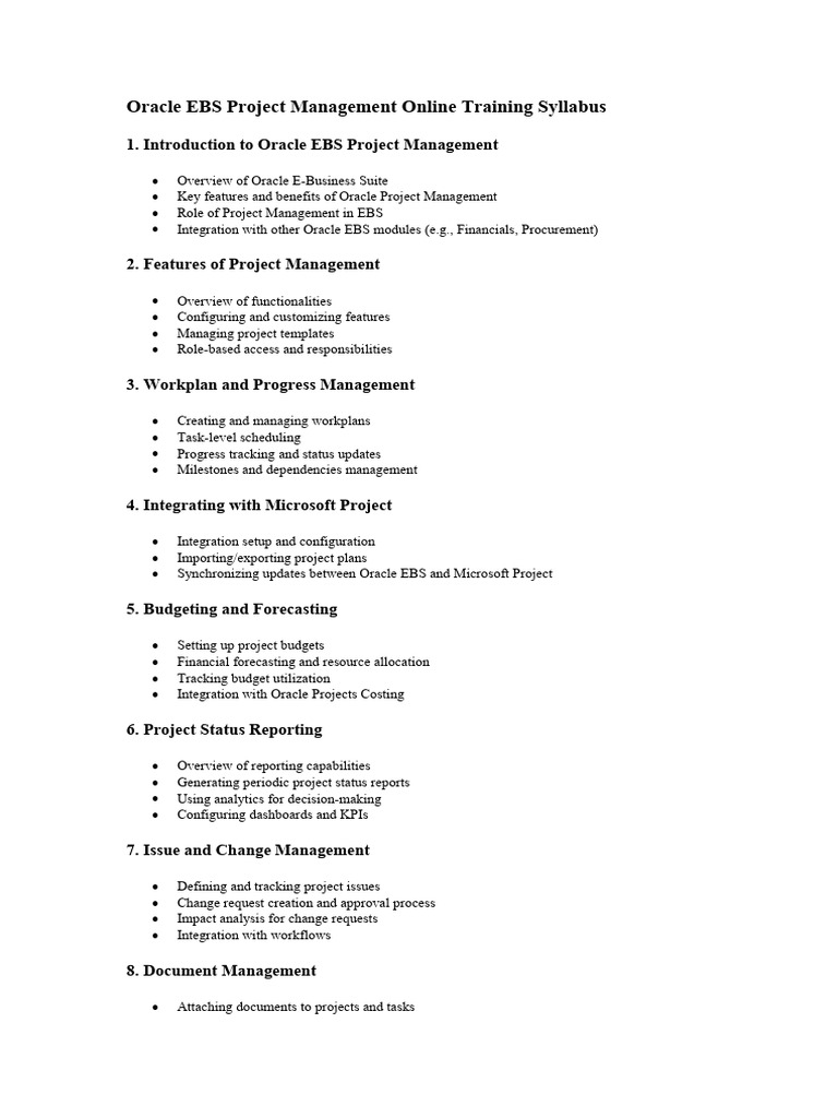 Oracle EBS Project Management Training Syllabus | PDF | Project Management | Budget