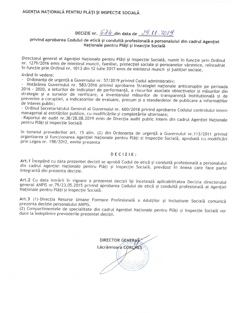 Cod de Etica Si Conduita A Personalului Din Cadrul ANPIS | PDF