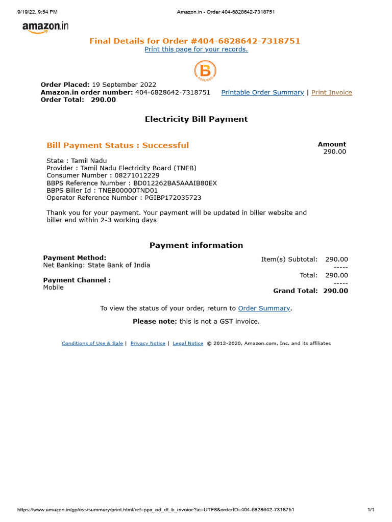 Amazon.in TNEB Bill Payment Receipt | PDF