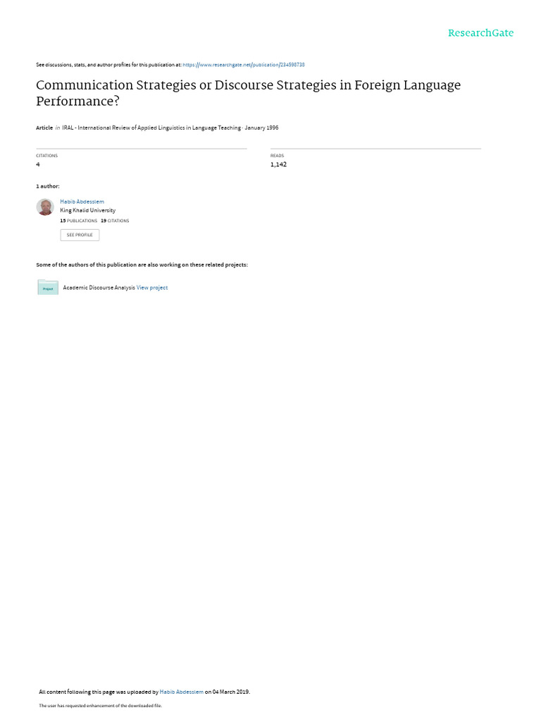Abdesslem, H (1996) CSs or Discourse Strategies in Foreign Language Performance | PDF