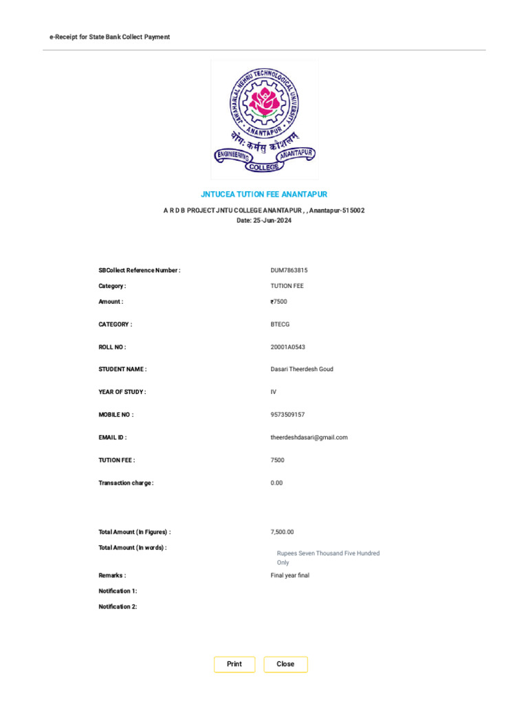 JNTUCEA Tuition Fee Receipt 2024 | PDF