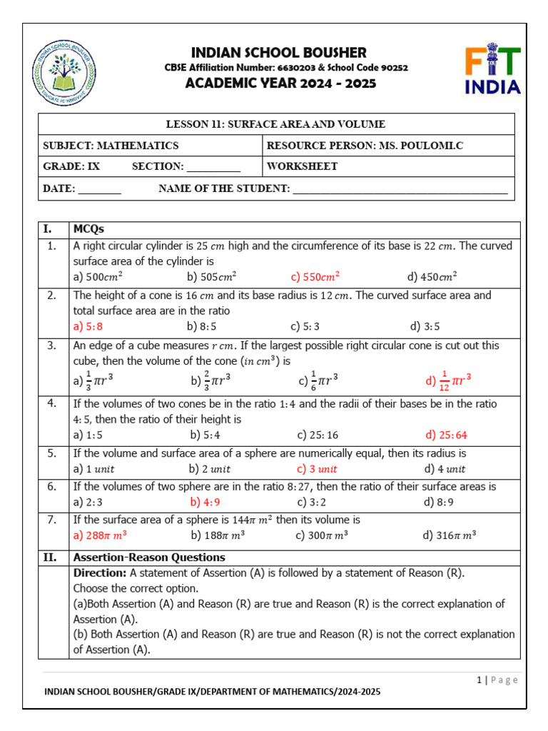 Isb Surface Area Volume Worksheet-Ak | PDF | Sphere | Area