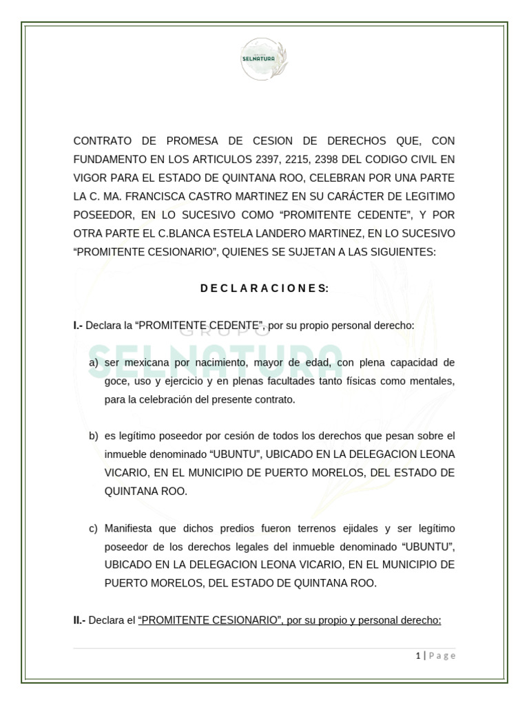 Promesa de Cesión de Derechos en Quintana Roo | PDF | Derecho privado