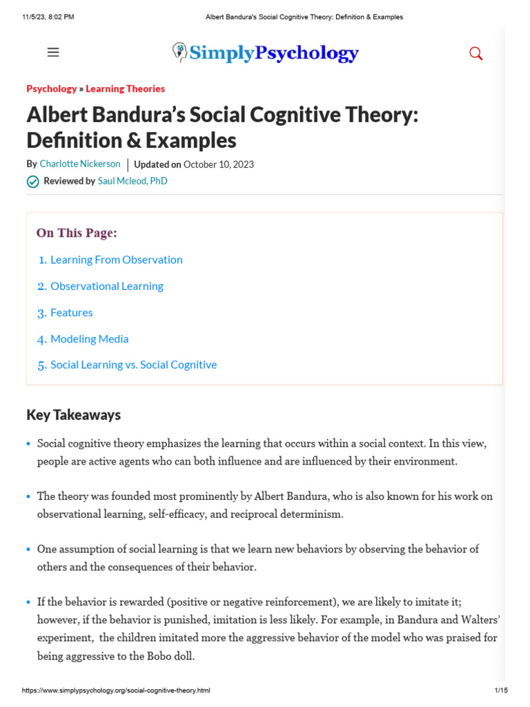 Social Cognitive Theory Explained | PDF | Self Efficacy | Reinforcement