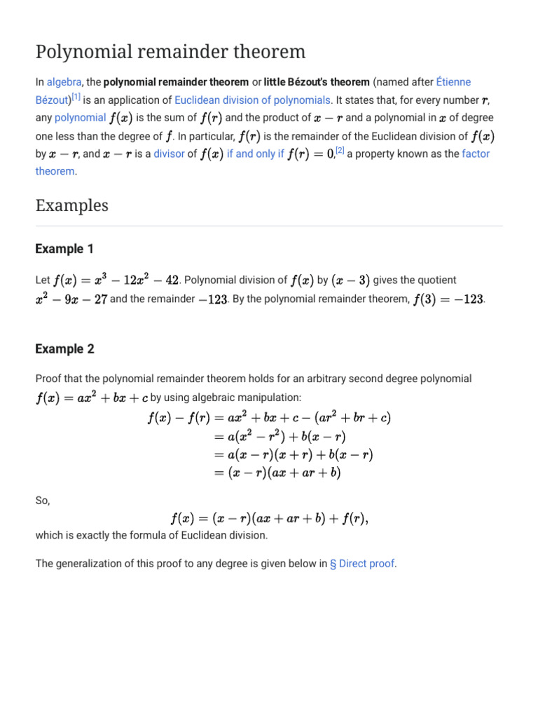 Polynomial remainder theorem | PDF | Factorization | Polynomial