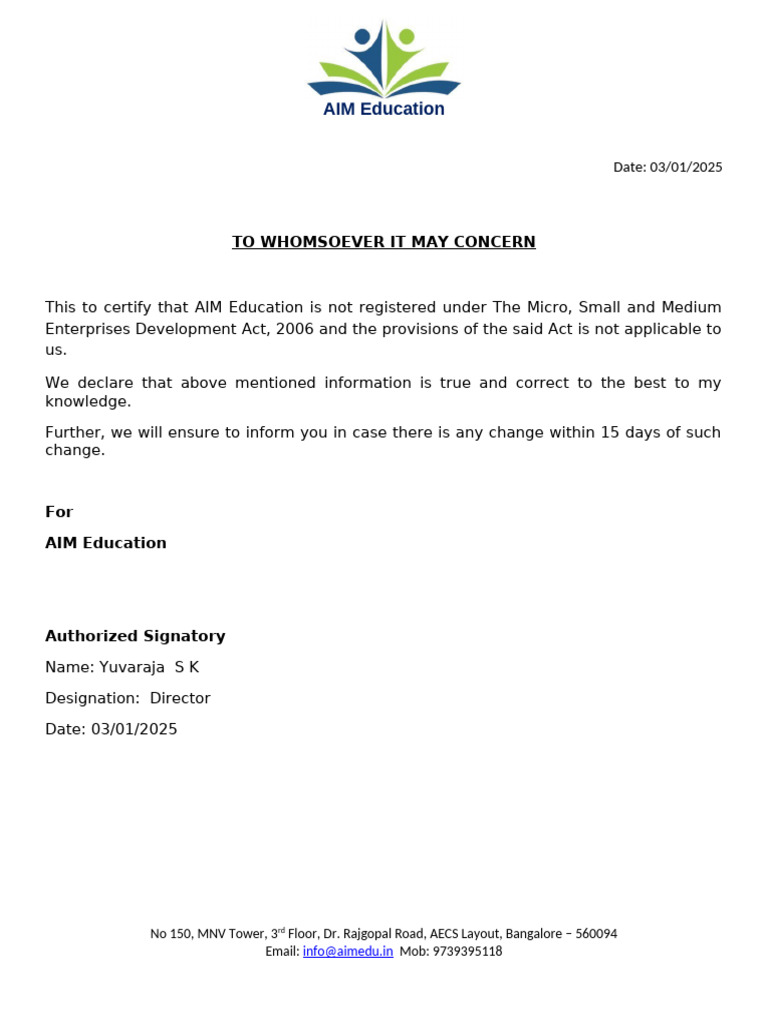 Aim Edu Msme Letter | PDF
