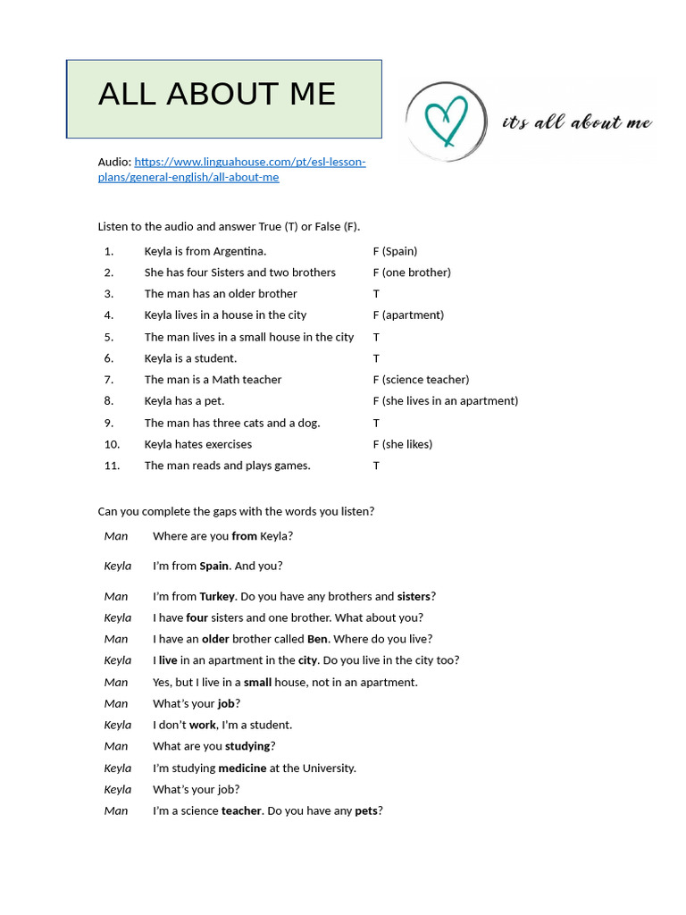 All About Me (ANSWER) | PDF