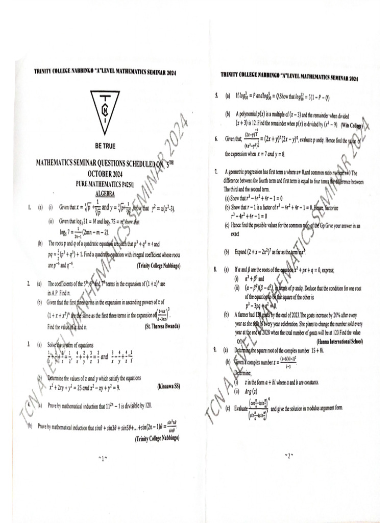 TRICONA Pure and Applied Math Seminar Questions 2024 | PDF