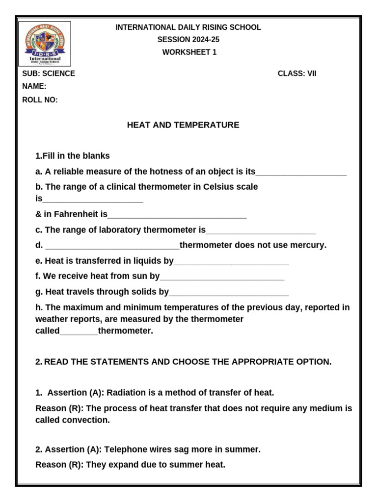Heat and Temperature Worksheet 7th | PDF