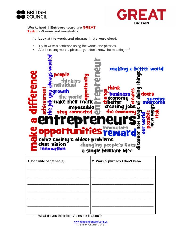 Entrepreneurs Are Great Worksheet 1 0 | PDF | Entrepreneurship