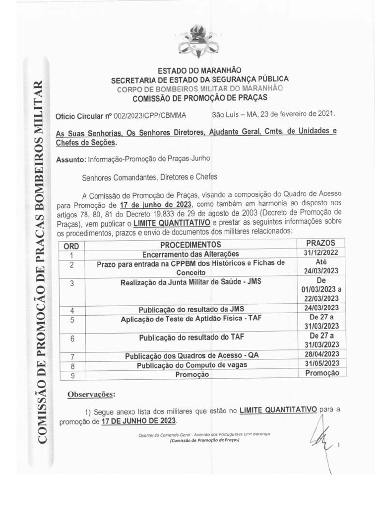 Oficio Circular No 002 2023 LIMITE QUANTITATIVO JUNHO 2023 Compac | PDF
