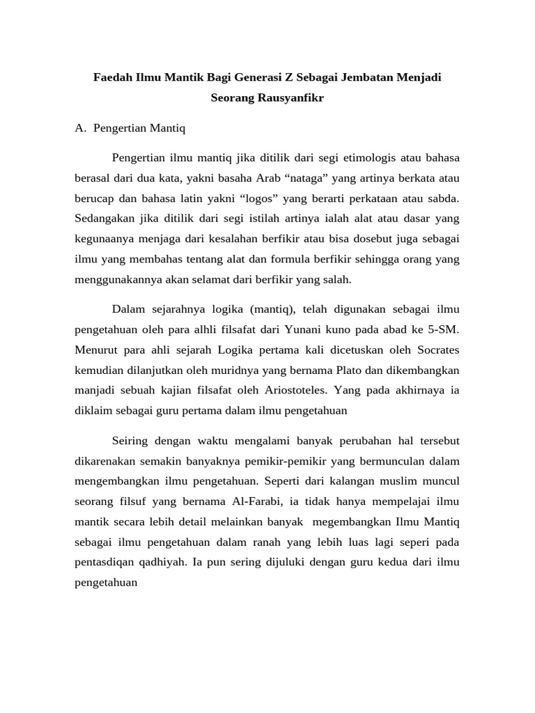 Faedah Ilmu Mantik Bagi Generasi Z Sebagai Jembatan Menjadi Seorang Rausyanfikr | PDF