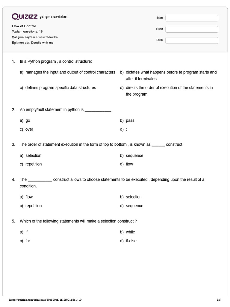 Flow of Control - Quizizz | PDF | Control Flow | Computer Programming