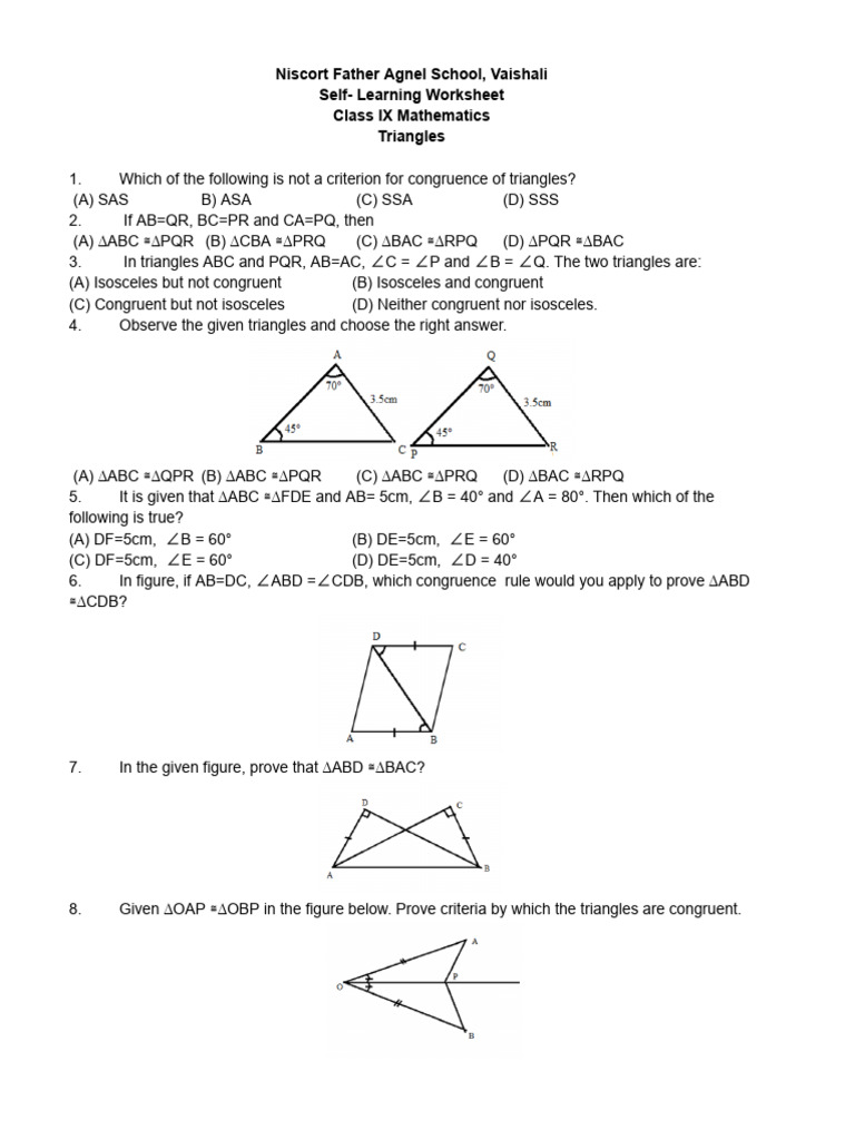 Class IX Math Worksheet: Triangles | PDF | Classical Geometry | Euclid