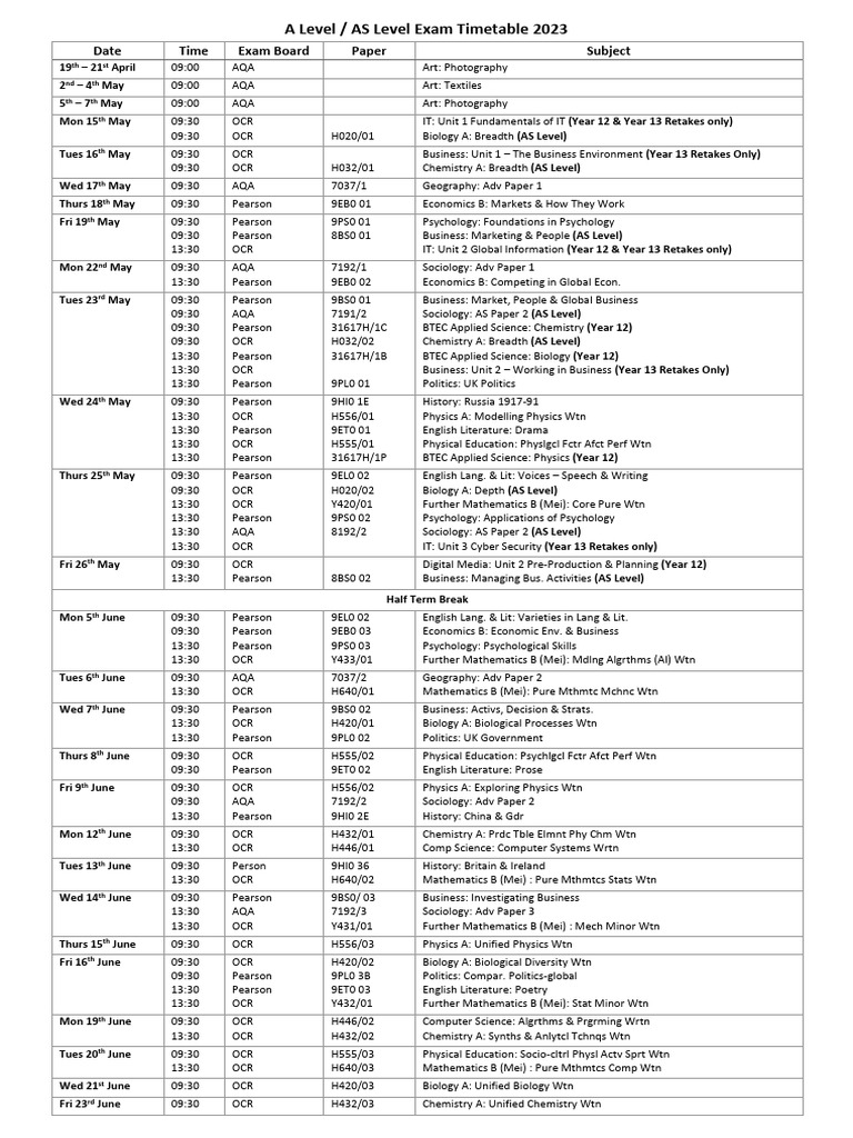 (2022-23) - A Level & AS Exam Timetable 2023 | PDF | Science