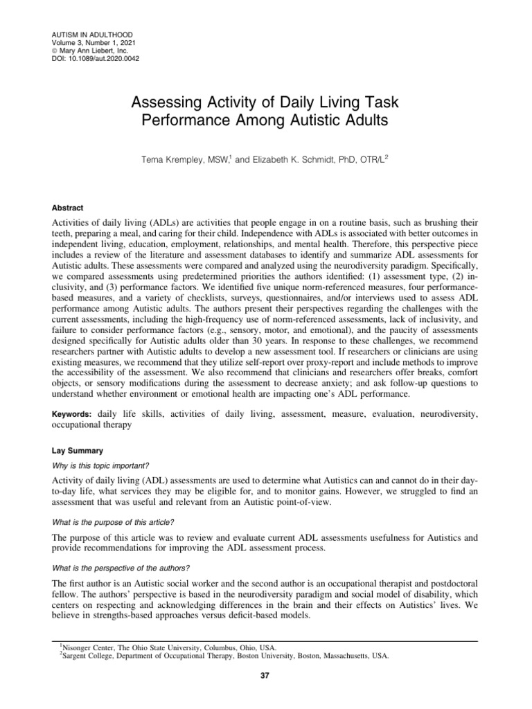ADL Assessment for Autistic Adults | PDF | Autism Spectrum ...