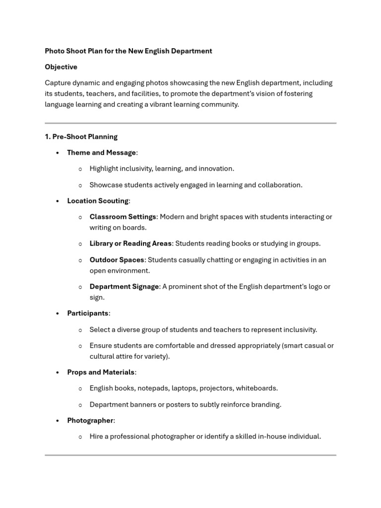 Photoshoot Plan | PDF | Classroom
