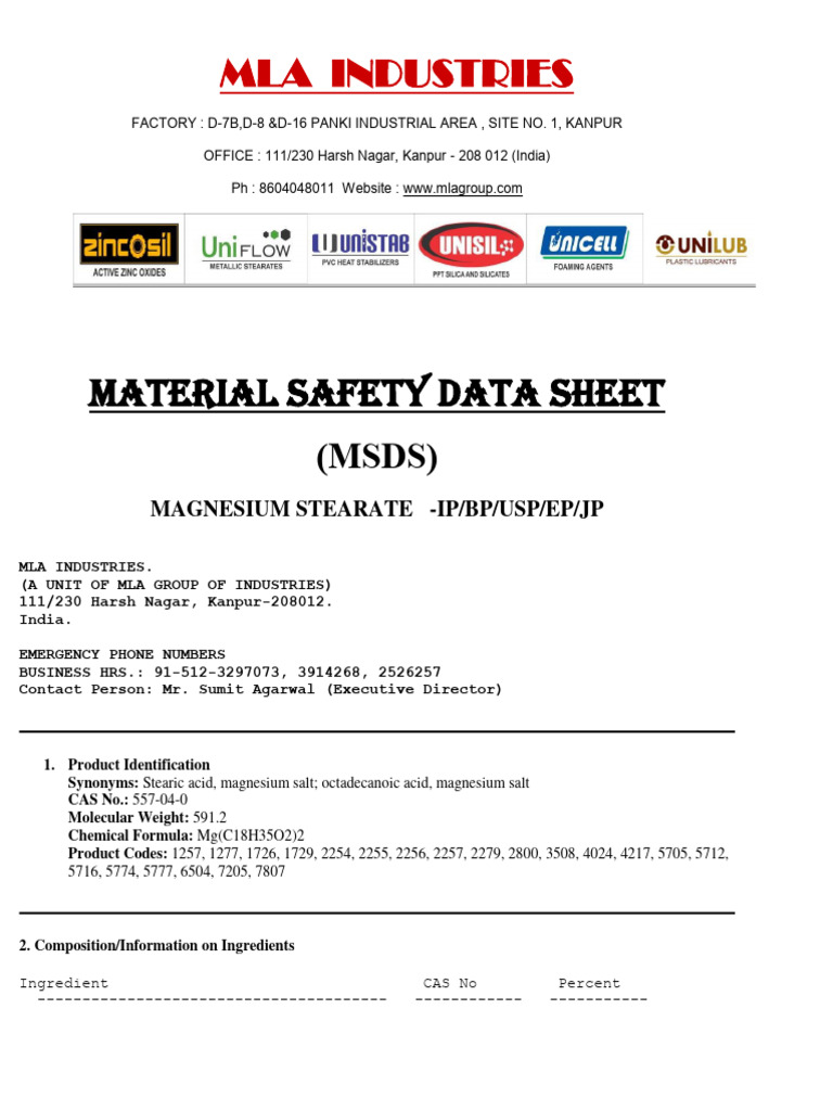 Msds - Magnesium Stearate | PDF | Water
