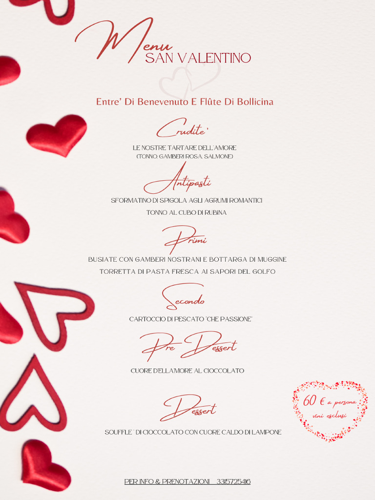 Rosso Romantico Cibo San Valentino Ristorante Menu | PDF
