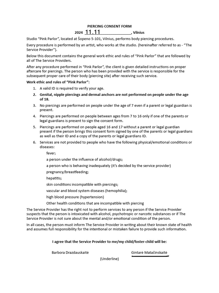 Pink Parlor Piercing Consent Form | PDF | Foster Care | Hypertension