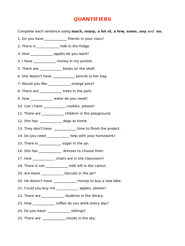 Quantifiers Much Many A Lot of A Few Some Any and No - 155643 | PDF