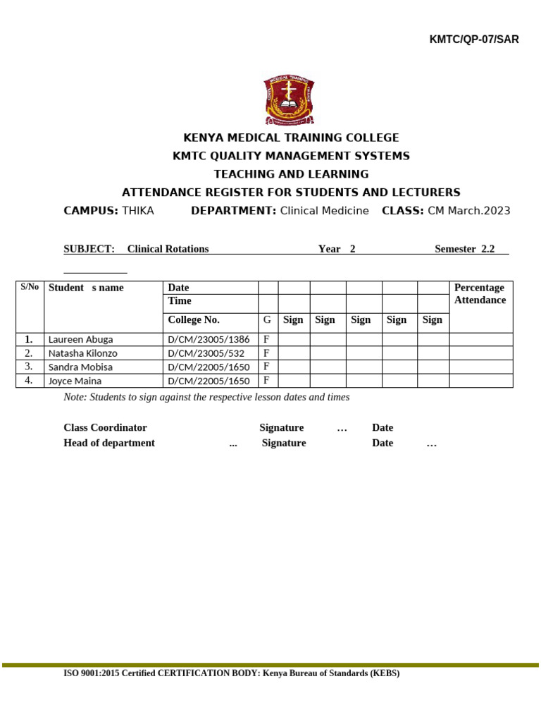 KMTC Thika Clinical Attendance Register | PDF | Iso 9000 | Quality Management