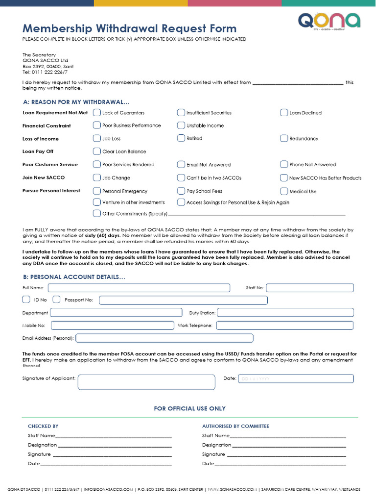 QONA SACCO Membership Withdrawal Form | PDF | Banking | Financial Services