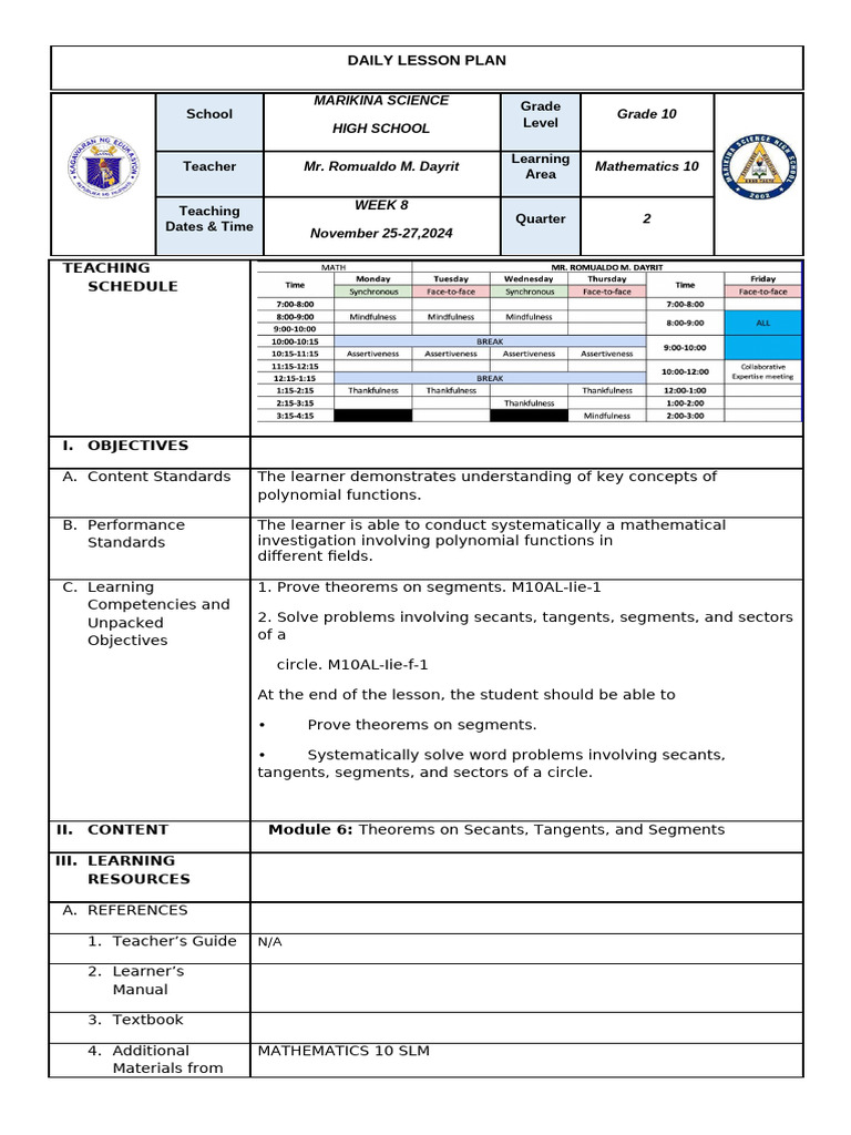 DLP - MATH 10 - Q2 - wk8 - Nov25-27 - Dayrit | PDF | Tangent | Circle
