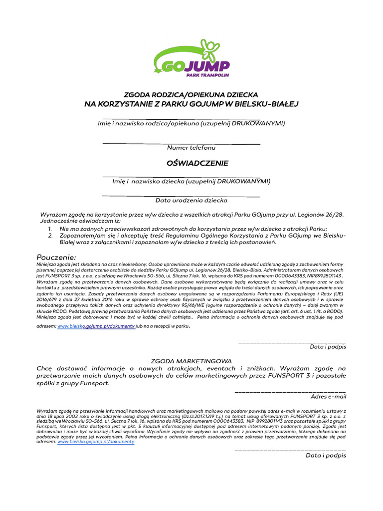 Zgoda Rodzica Gojump Bielsko 2020 Druk | PDF
