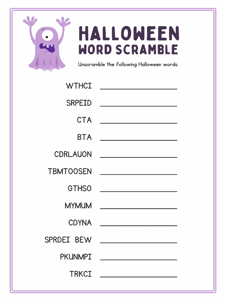 Blue Halloween Word Scramble Worksheet | PDF