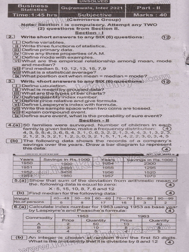 Past Paper 2021 Gujranwala Board Inter Part II Statistics Subjective English Medium | PDF