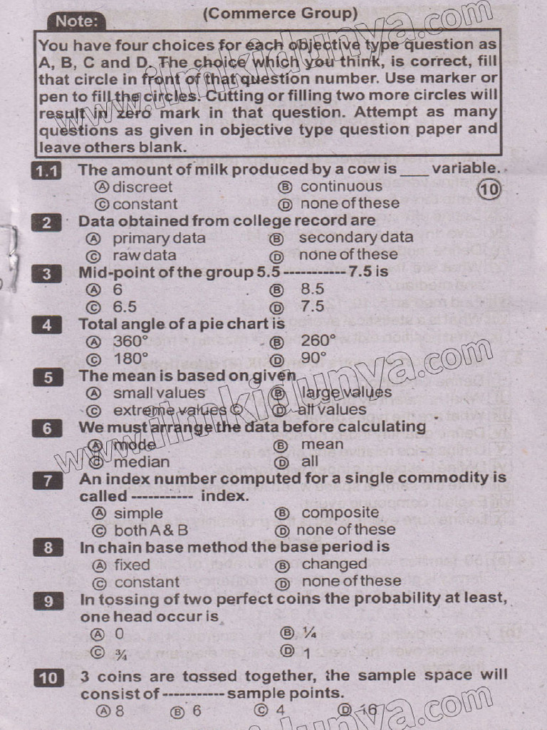 Past Paper 2021 Gujranwala Board Inter Part II Statistics Objective English Medium | PDF