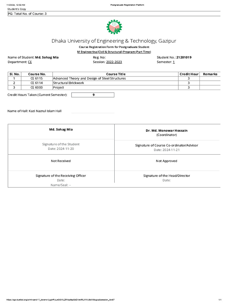 DUET Postgraduate Course Registration Form | PDF