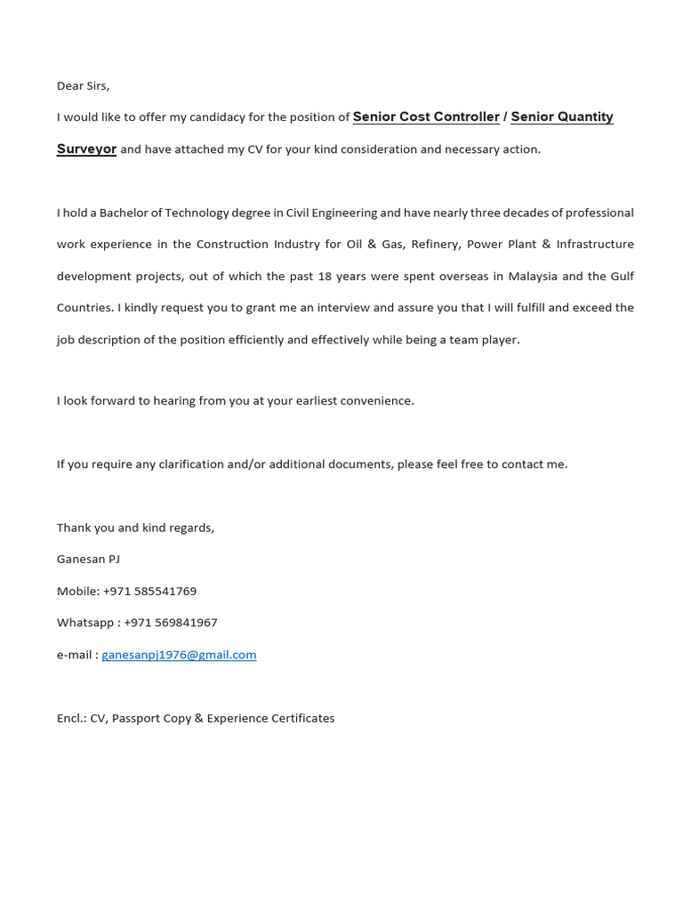 CV-Cover Letter - Senior Cost Controller | PDF