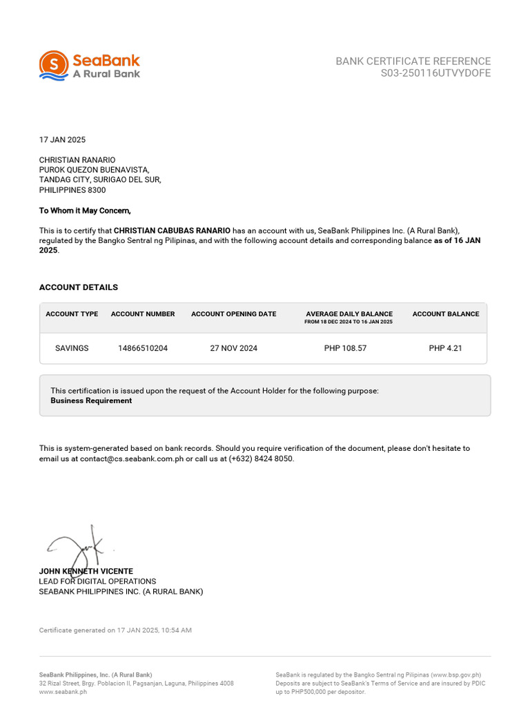 Bank - Certificate - SeaBankPH - 17 Jan 2025 | PDF