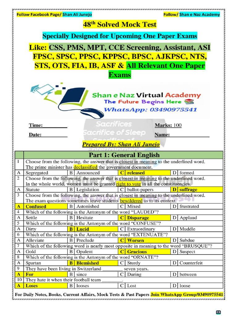 48th Solved Mock Test For All One Paper Exams by Shan Ali Junejo ...