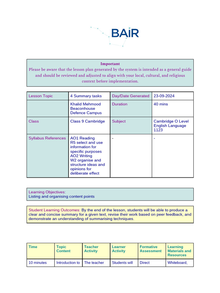 BAIR Lesson Plan Cambridge O Level English Language 1123 Class 9 ...