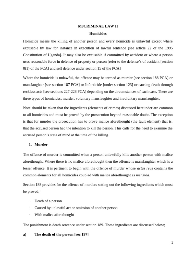 Understanding Homicide Laws in Uganda | PDF | Manslaughter | Mens Rea