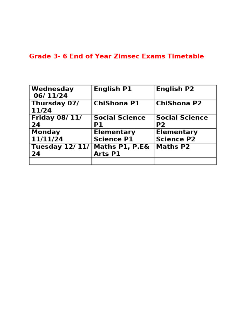 Zimsec 2024 Timetable Exams End of Year | PDF
