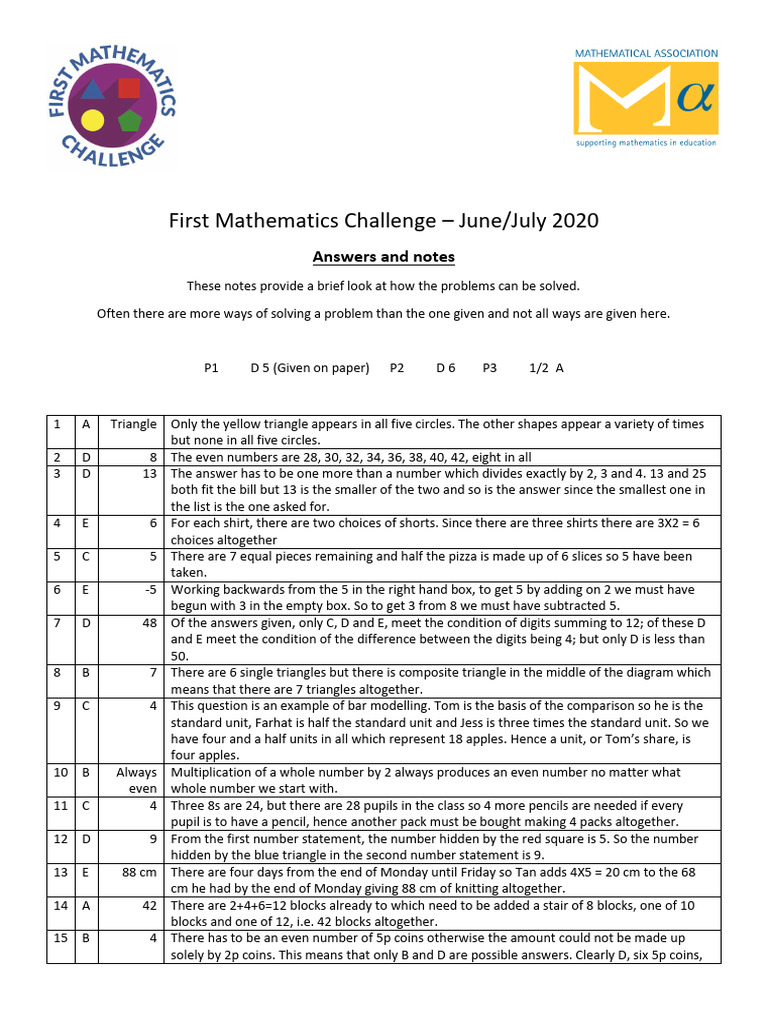 First Math Challenge Solutions 2020 | PDF | Area | Arithmetic