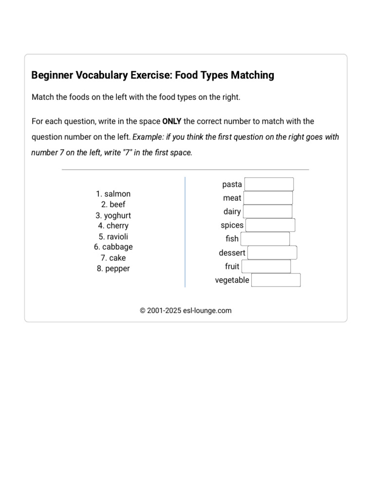 Beginner Vocabulary - Food Types Matching Exercise | PDF
