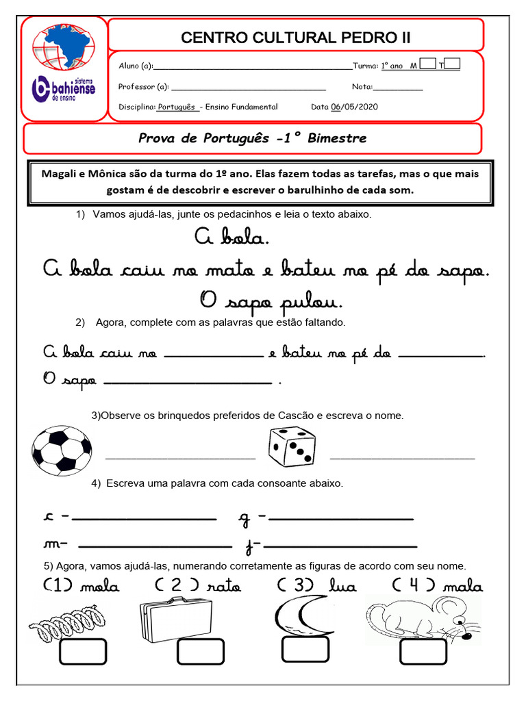 Prova de Português para 1º Ano | PDF