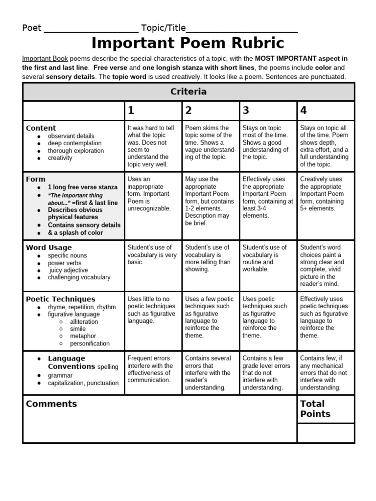 Important Book Poem Rubric | PDF | Poetry | Linguistics