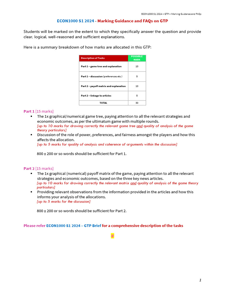ECON1000 S1 2024 GTP Marking Guide | PDF | Theory | Concept