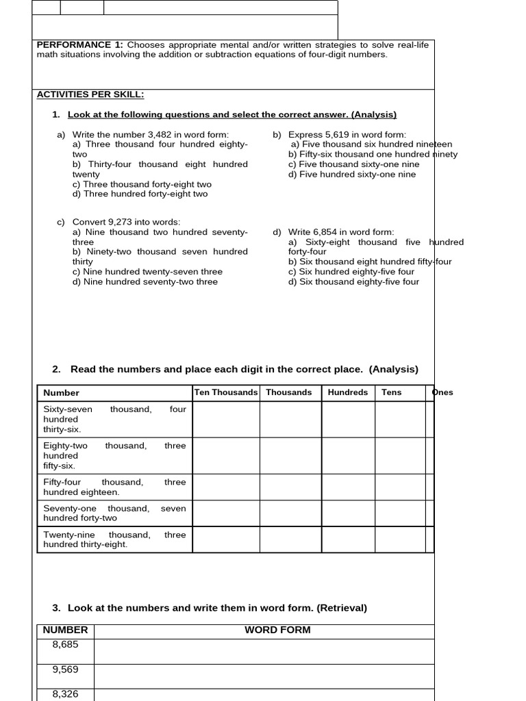 Four-Digit Number Word Form Activities | PDF