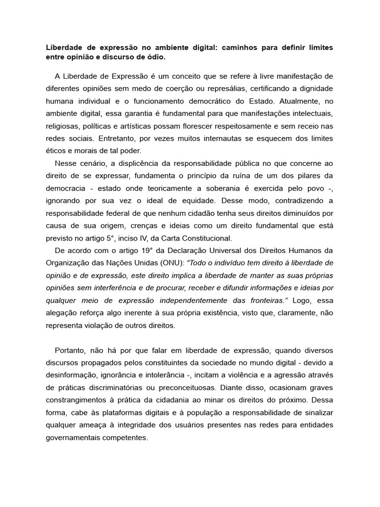 Liberdade de Expressão No Ambiente Digital - Caminhos para Definir ...