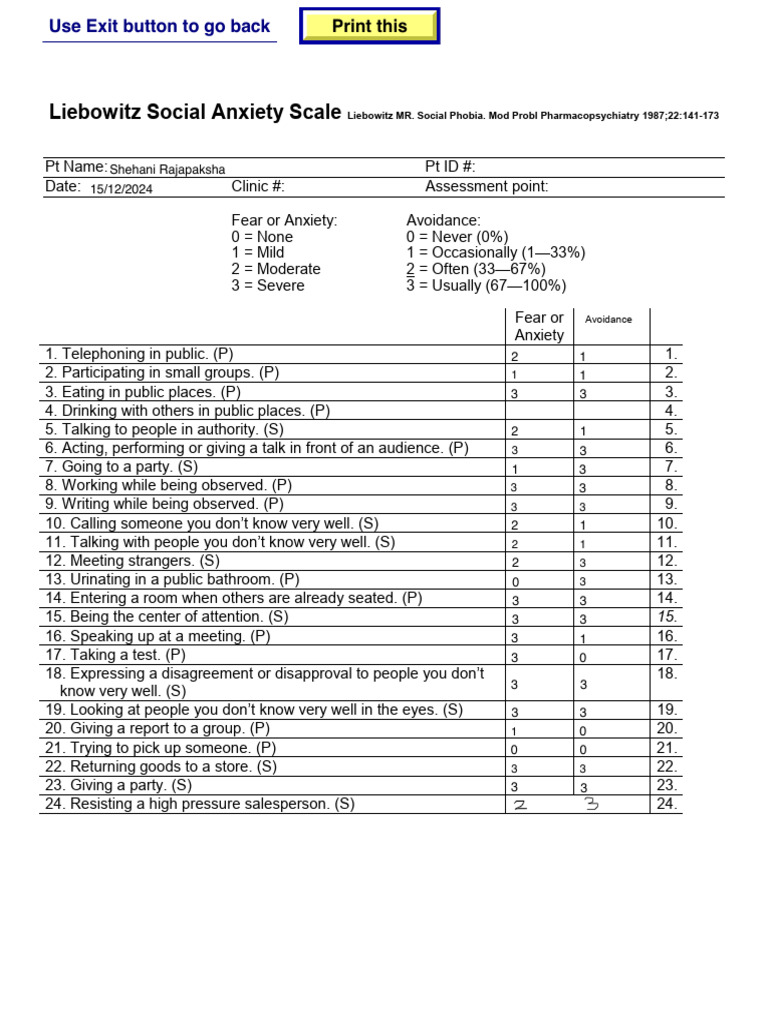 Liebowitz Social Anxiety Scale | PDF | Social Anxiety Disorder | Phobia