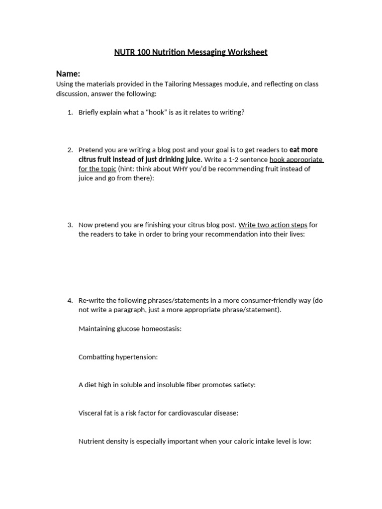 NUTR 100 Messaging Worksheet | PDF